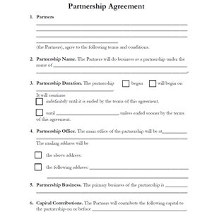 Partnership Agreement PDF Form Fillable Printer Friendly - Etsy