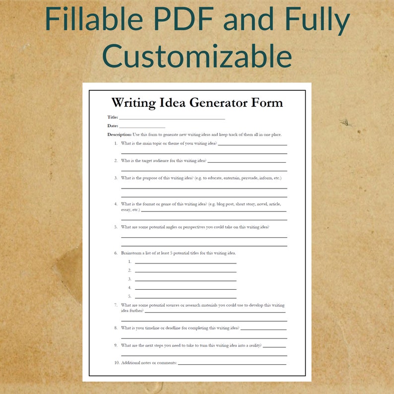 Writing Idea Generator Form - Printable & Fillable PDF (customizable ...