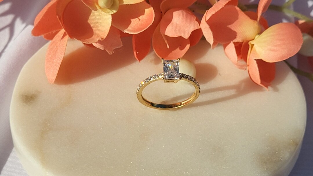 Wedding Ring, 14K Gold Plated Radiant Cut Ring, CZ Sterling Silver ...