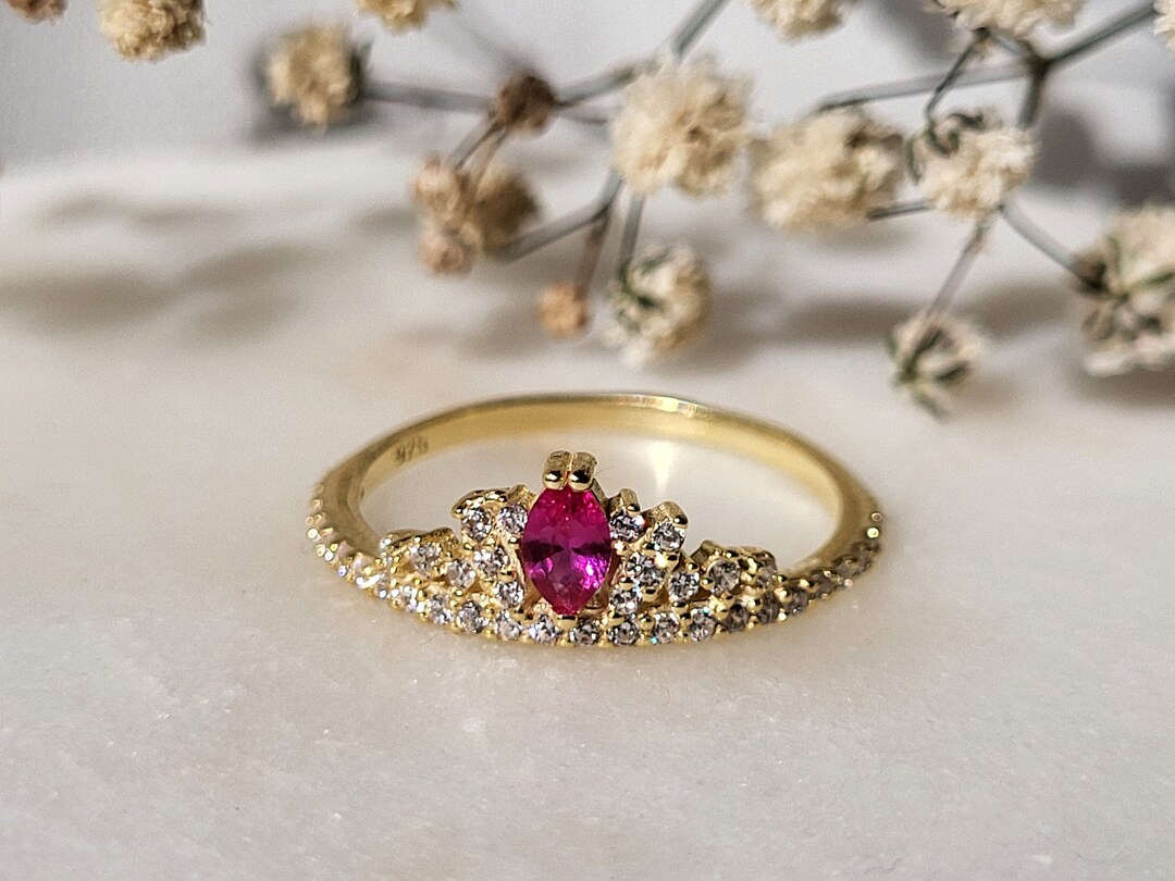 Quinceanera Crown Ring, Dainty Queen Ring, Ruby Gold Ring, Sterling ...