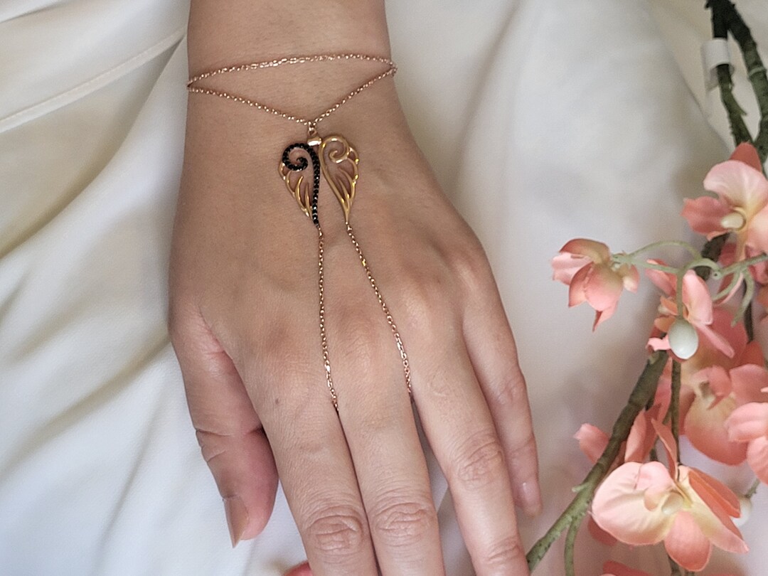 14k Gold Fill Hand Chain Bracelet, 925K Sterling Silver Cz Ring Attach ...