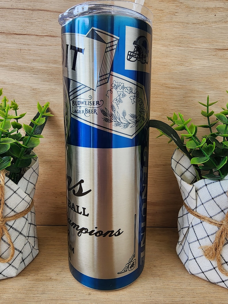 20oz Skinny Tumbler. Detroit Beer Can Inspired Lions Design. With Shiny ...