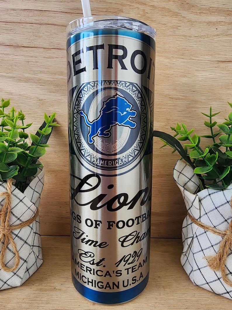 20oz Skinny Tumbler. Detroit Beer Can Inspired Lions Design. With Shiny ...