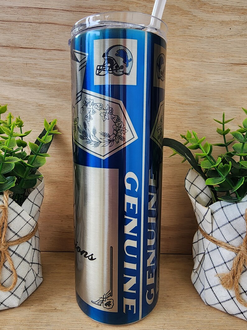 20oz Skinny Tumbler. Detroit Beer Can Inspired Lions Design. With Shiny ...