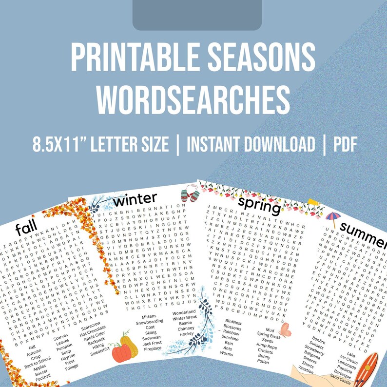 Four Season Word Search Printable Word Search Seasons Bundle Word ...