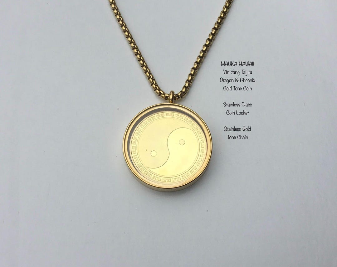 Yin Yang Taijitu Gold Tone Coin + Glass Stainless Locket + 60cm ...