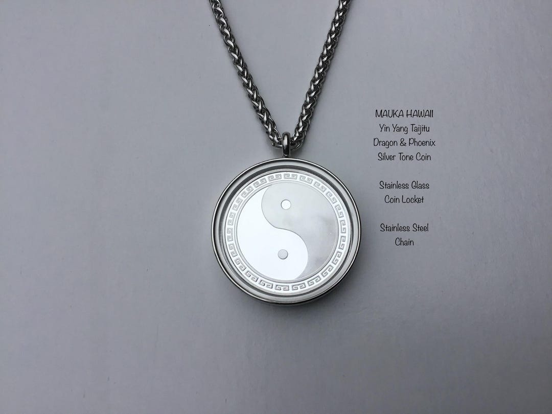 Yin Yang Taijitu Silver Tone Coin & Glass Stainless Locket 60cm ...