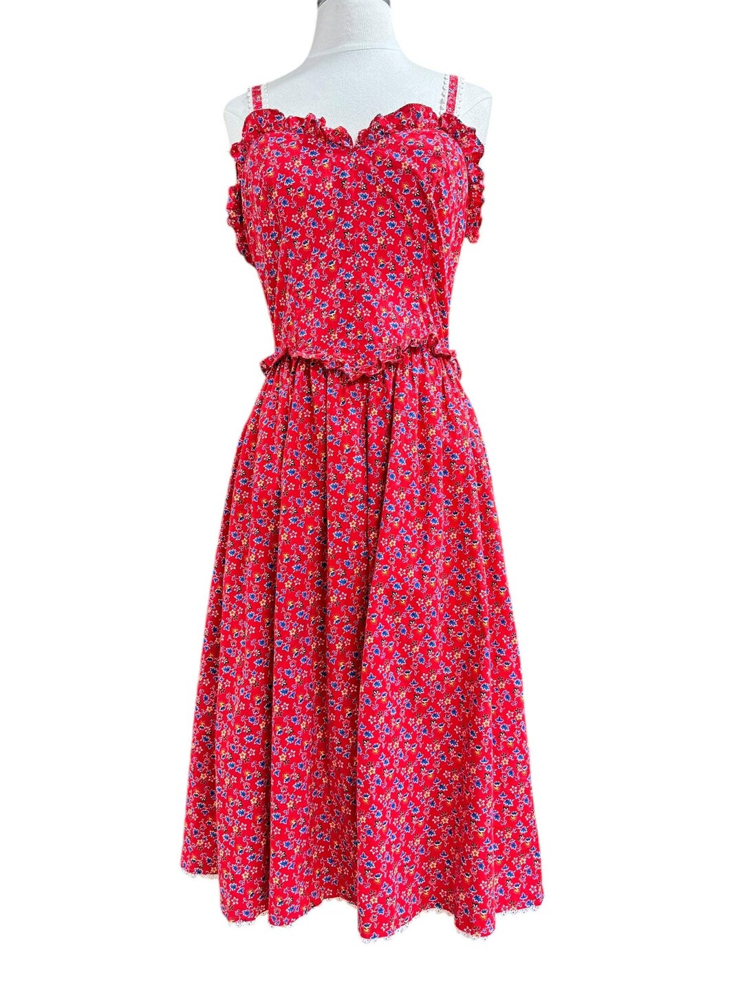 1970s Red Prairie Style Dress S - Etsy