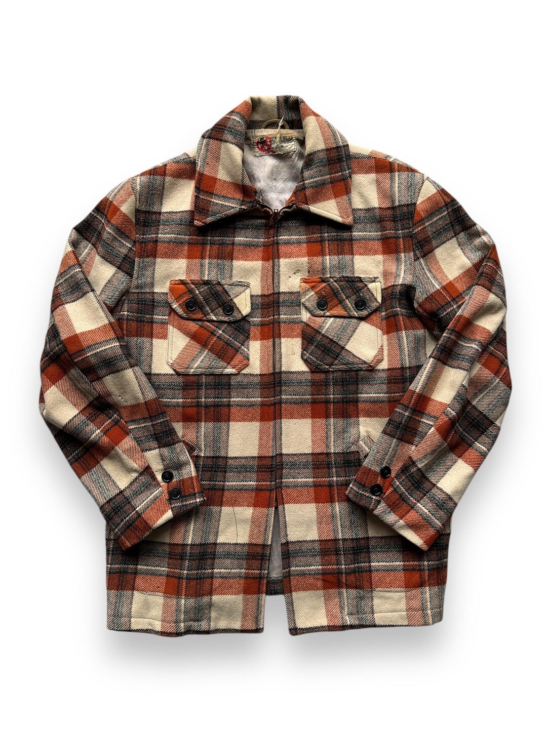 Vintage Black Bear Orange Plaid Zip up Wool Jacket SZ 46 - Etsy