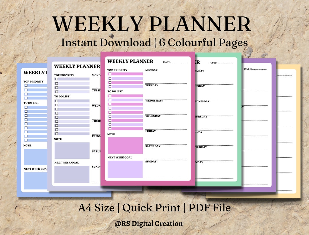 Colorful Weekly Planner Printable PDF Instant Download Quick Print A4 ...
