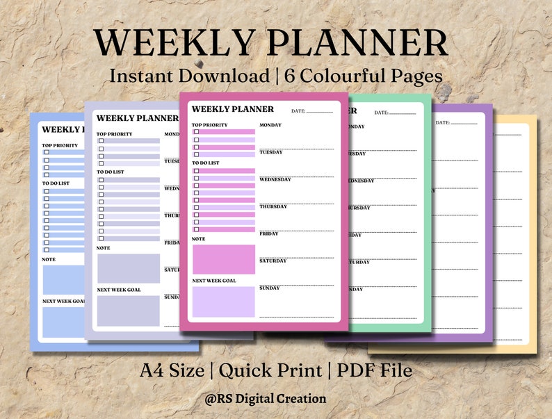 Colorful Weekly Planner Printable PDF Instant Download Quick Print A4 ...