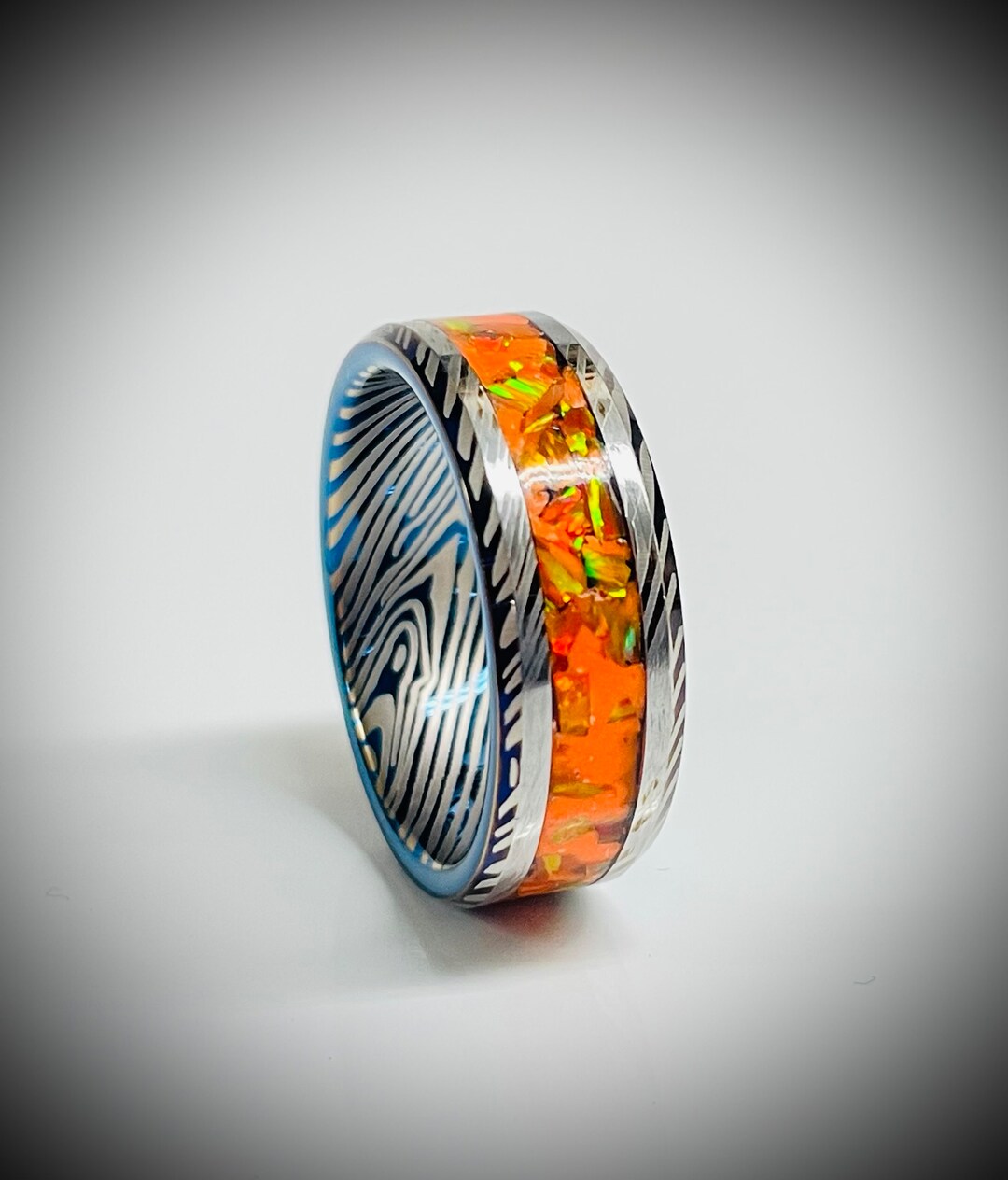 Blood Orange Opal Orange Glowdamascus Patterned Tungsten Ring - Etsy