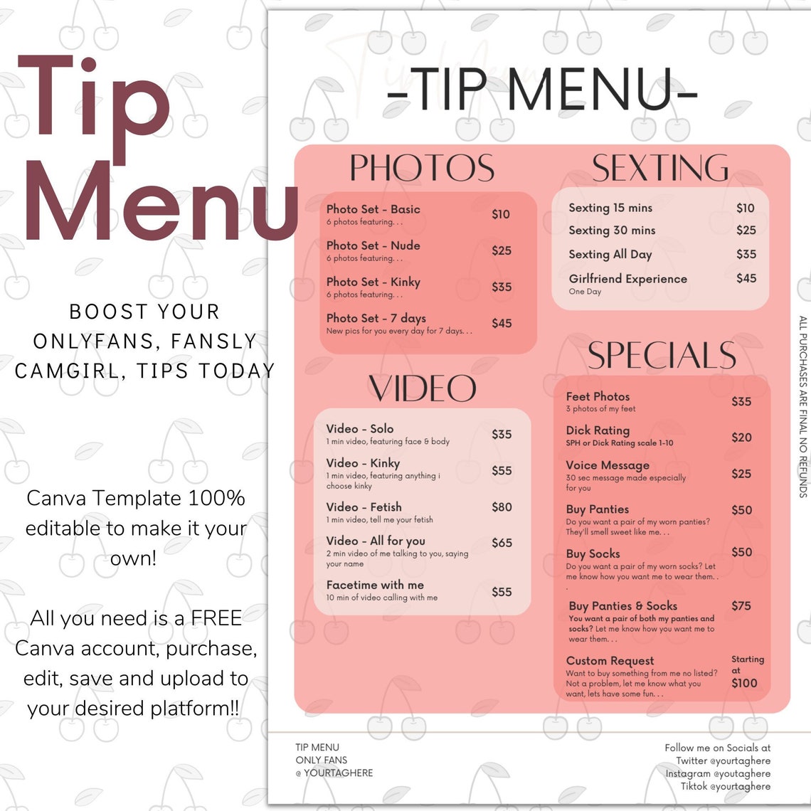 Editable Onlyfans Tip Menu Canva Template, Camgirl Menu (PDF) - Etsy