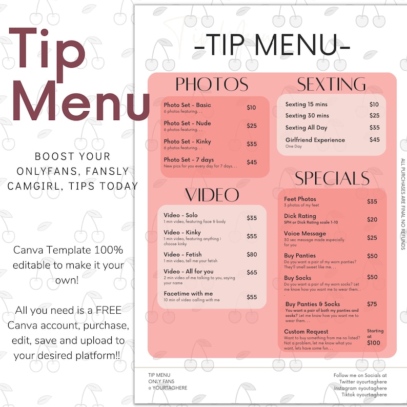 Editable Onlyfans Tip Menu, Fansly Tip Menu, Adults Tip Menu, Camgirl, Seduce, Kinks, Bdsm ...