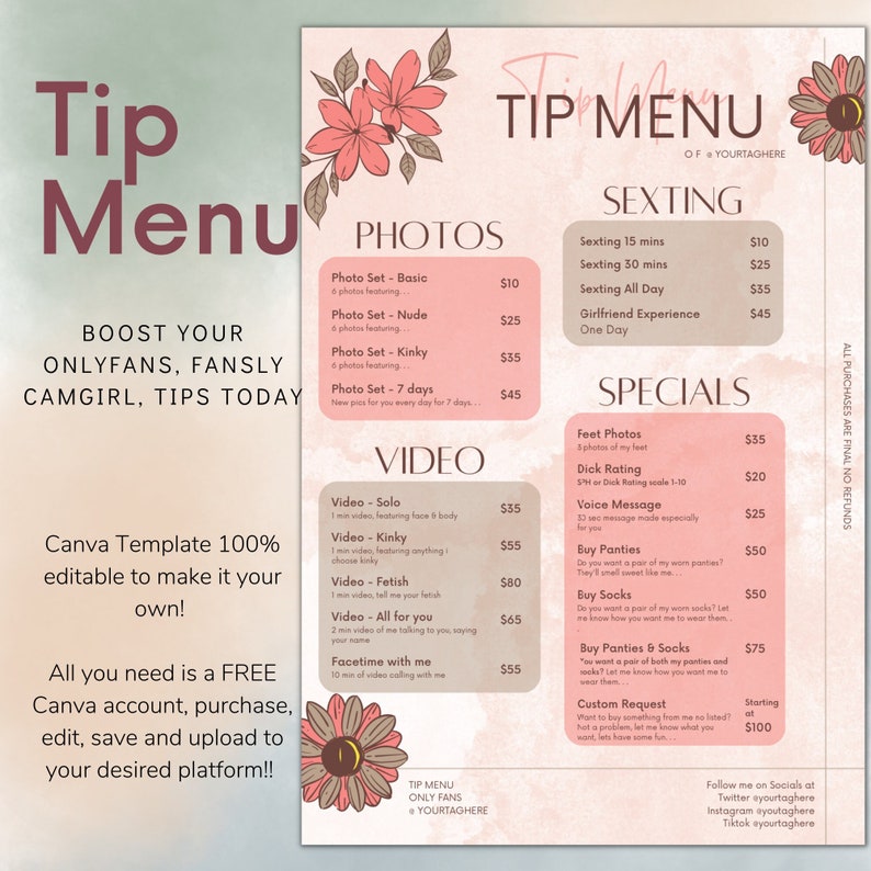 Editable Tip Menu, OF, Onlyfans Tip Menu, Fansly Tip Menu, Adults Tip ...