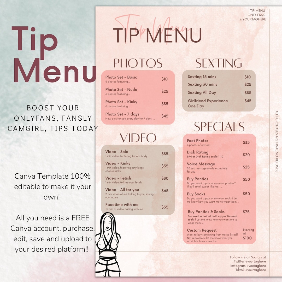 OF Tip Menu Editable, Onlyfans Tip Menu, Fansly Tip Menu, Adults Tip Menu, BDSM, Seduce, Canva ...