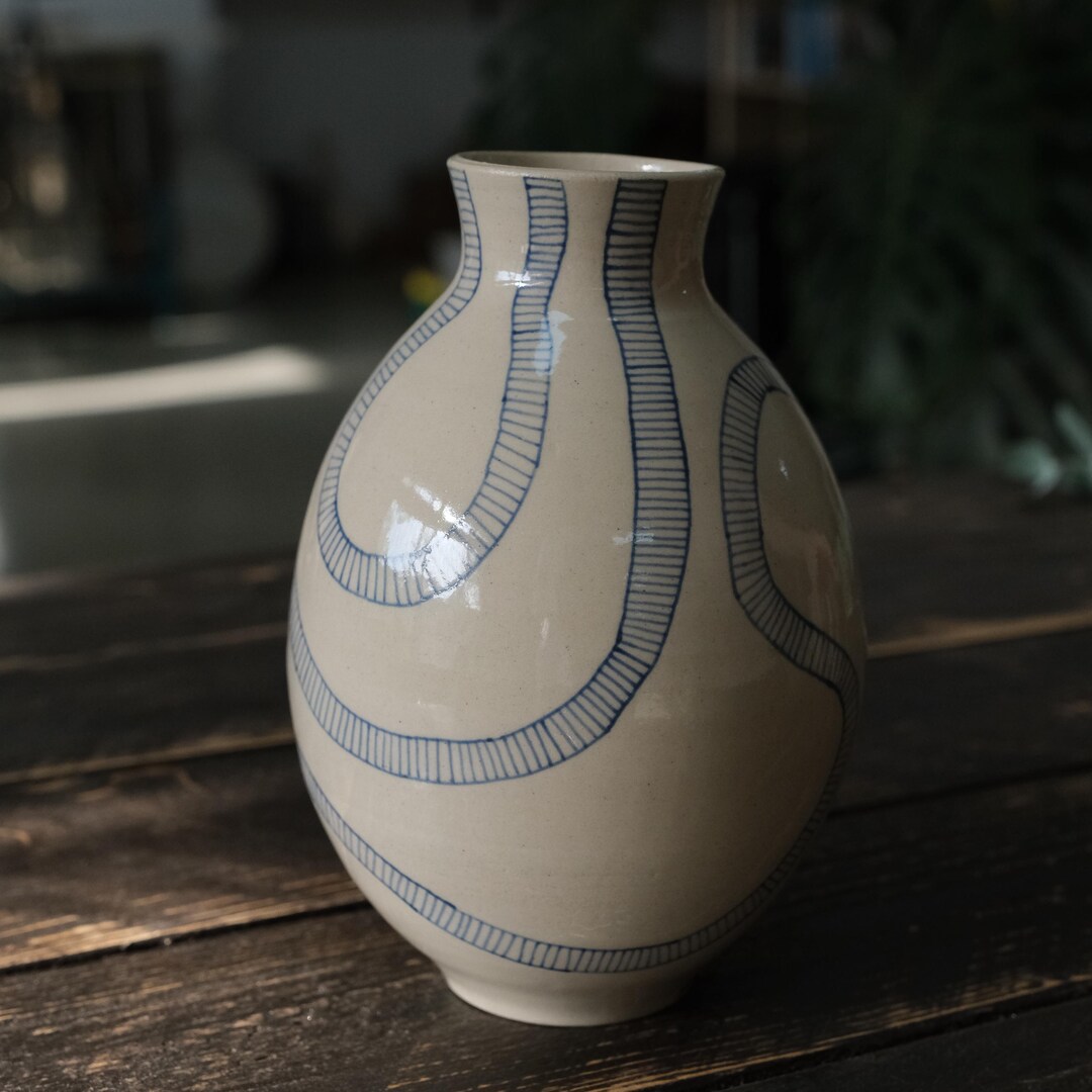 Handmade Ceramic Vase, Blue Wavy Line Pottery Vase, Wheel Thrown ...
