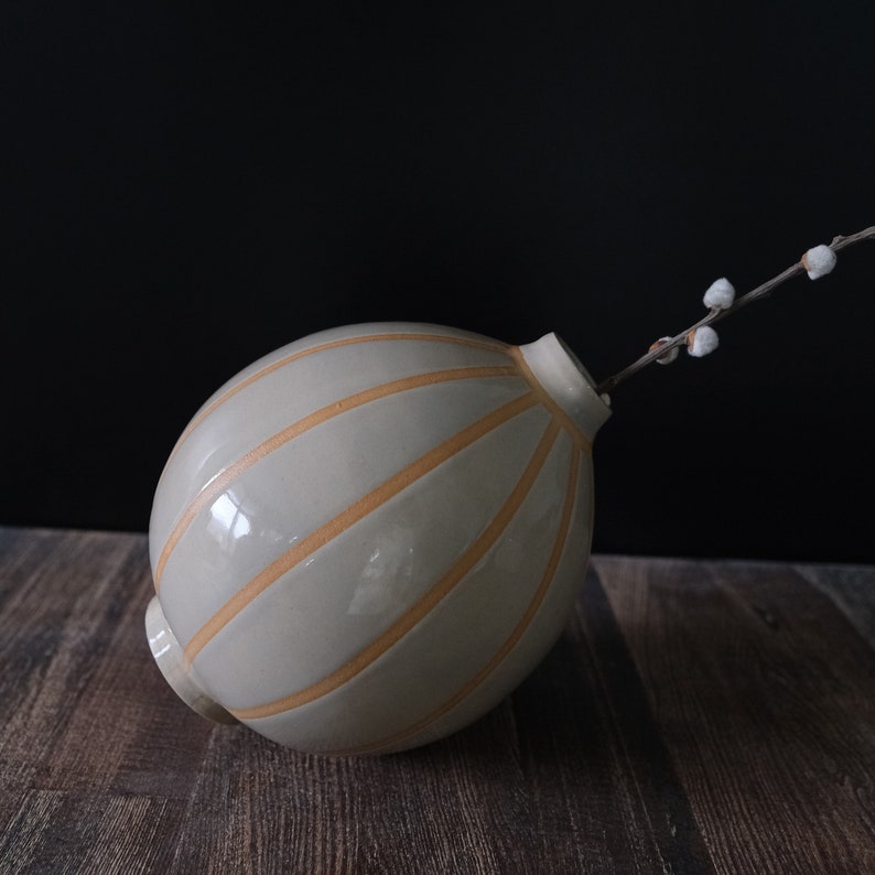 Stoneware Moon Jar Vase, Handmade Round Ceramic Vase, Striped ...