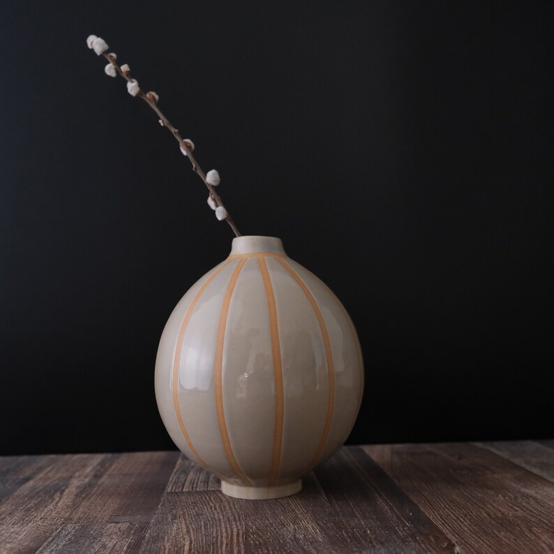 Stoneware Moon Jar Vase, Handmade Round Ceramic Vase, Striped ...