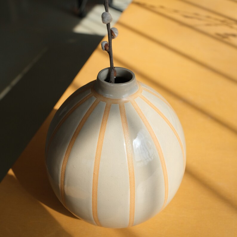 Stoneware Moon Jar Vase, Handmade Round Ceramic Vase, Striped ...