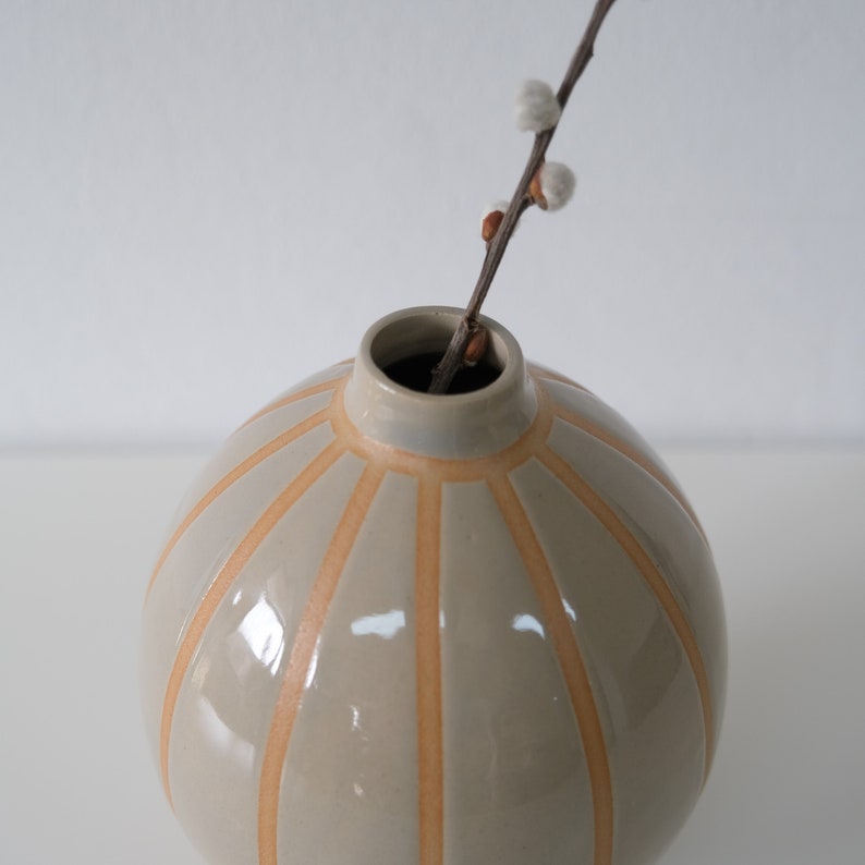Stoneware Moon Jar Vase, Handmade Round Ceramic Vase, Striped ...