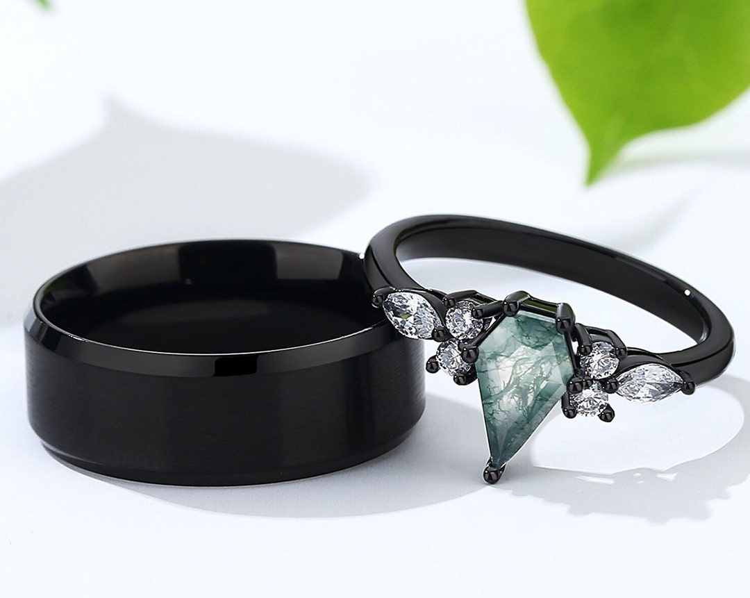 Kite Cut Green Moss Engagement Ring Set, Matching Couple Rings, His and ...