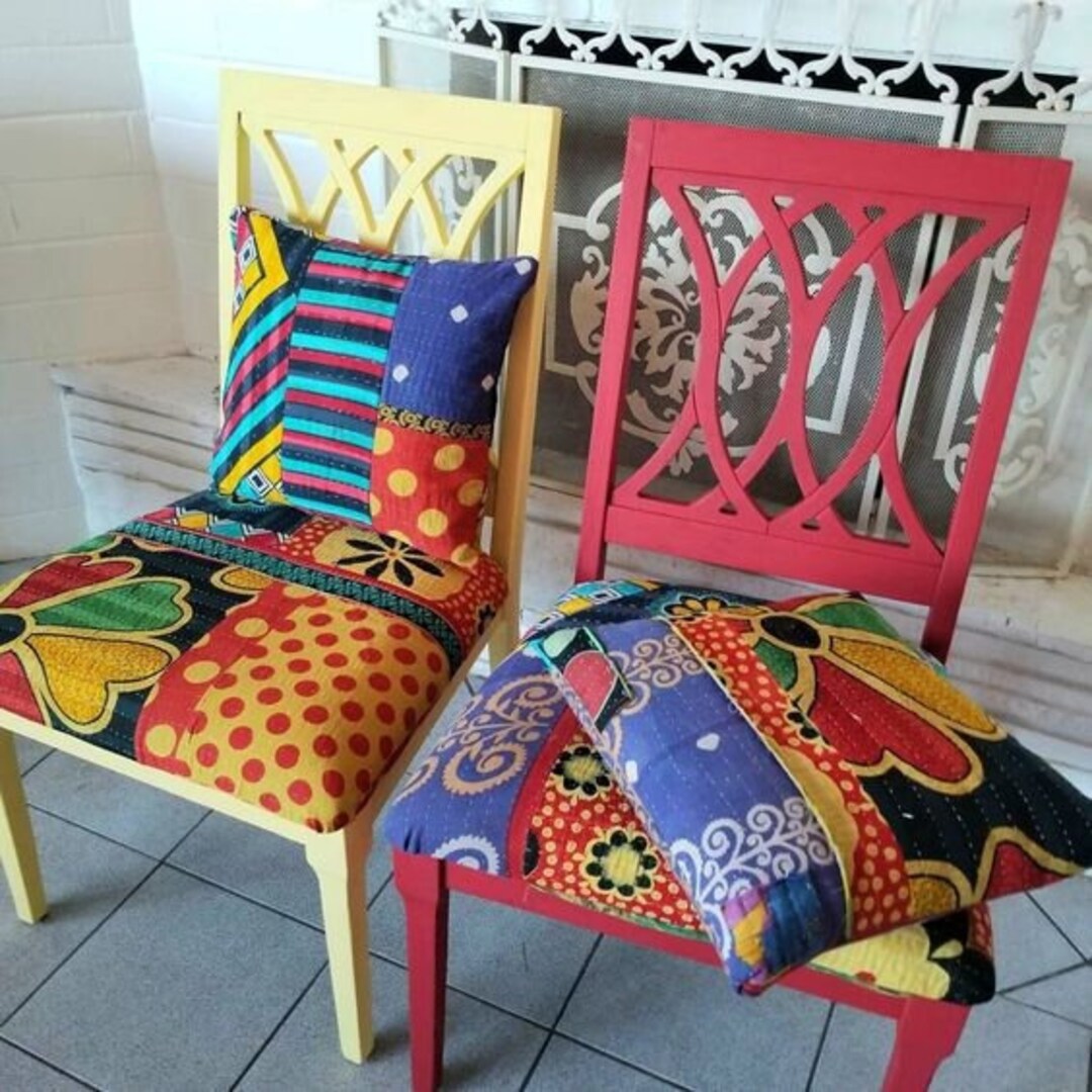 Vintage Kantha Quilted Handmade Square Patchwork Chair Soft Seat Pad ...