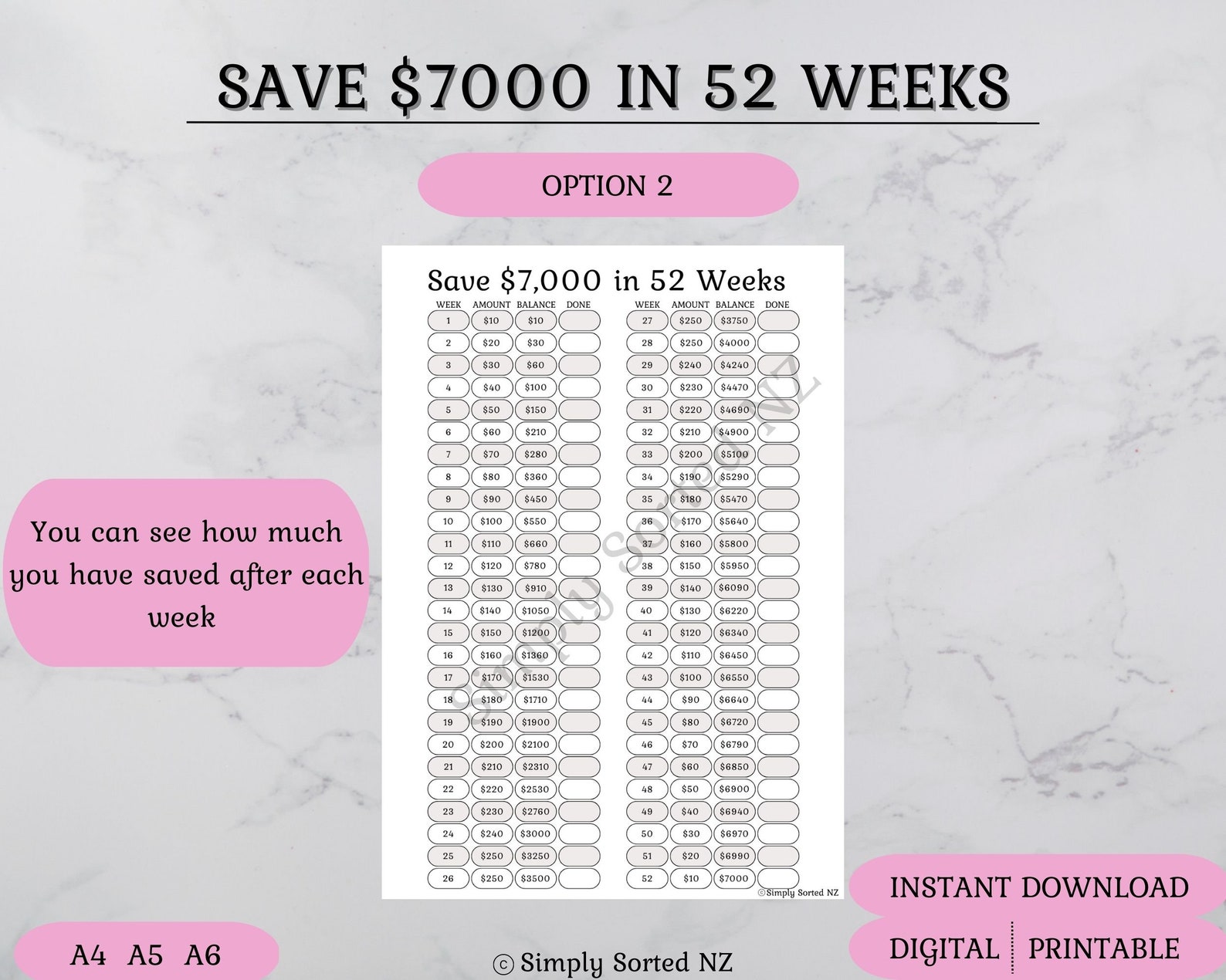 Save 7000 in 52 Weeks Challenge Option 2 | Printable, Digital | Savings ...