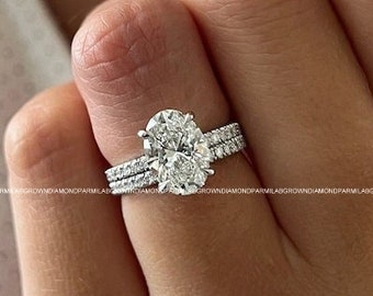 2 Carat Oval Lab Grown Diamond Ring / Hidden Halo Engagement Ring Set / 2 Carat Oval Pave Bridal ...