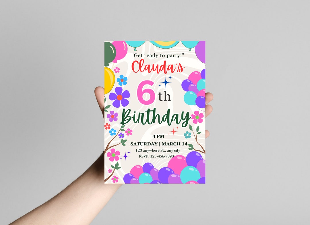 Editable Colorful 6th Birthday Party Invitation, Rainbow Girl Boy Kid ...