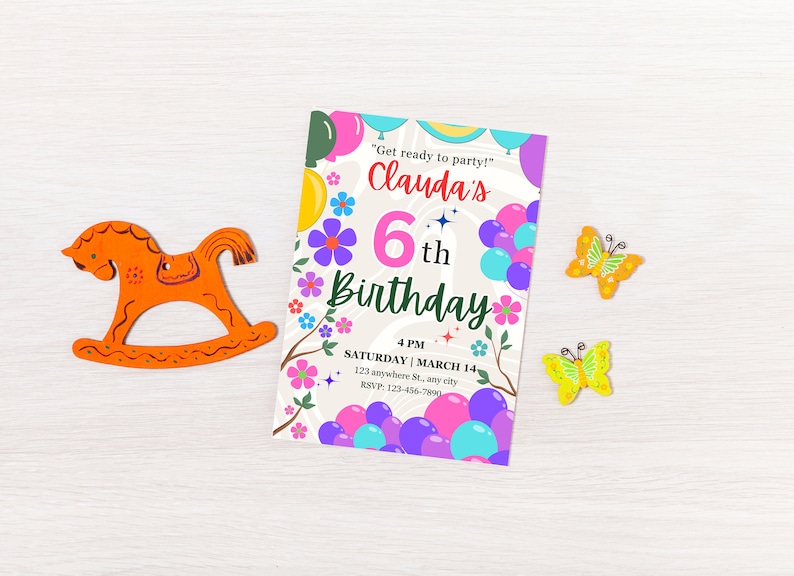 Editable Colorful 6th Birthday Party Invitation, Rainbow Girl Boy Kid ...