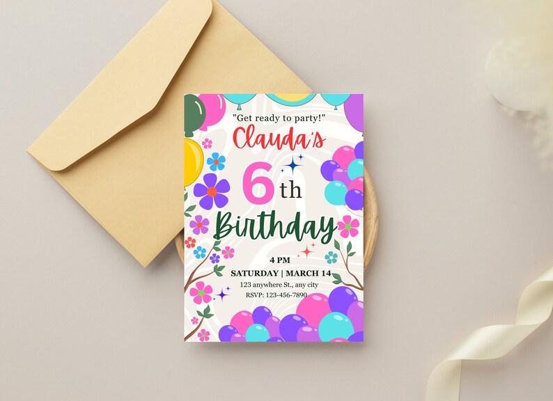 Editable Colorful 6th Birthday Party Invitation, Rainbow Girl Boy Kid ...