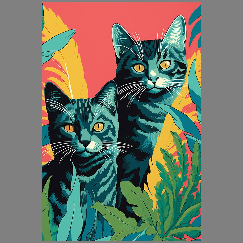 Four Artworks of Cats in Pulp Style in Magenta Green Blue - Etsy
