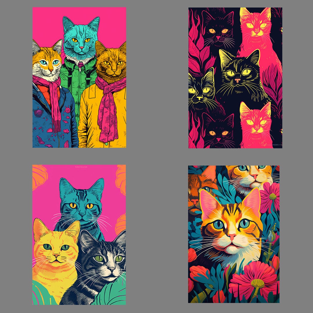 Four Artworks of Cats in Pulp Style in Magenta, Green, Blue, and Amber ...