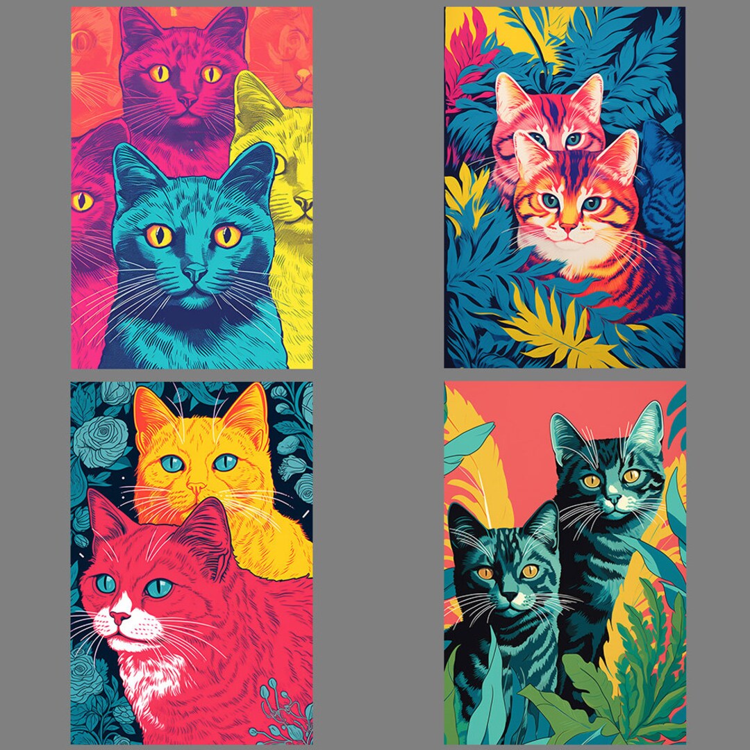 Four Artworks of Cats in Pulp Style in Magenta, Green, Blue and Amber ...