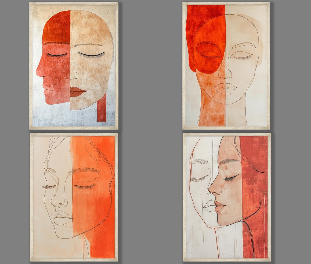 Four Minimalist Faces: Coral and Beige Harmony - A Collection of 4 ...