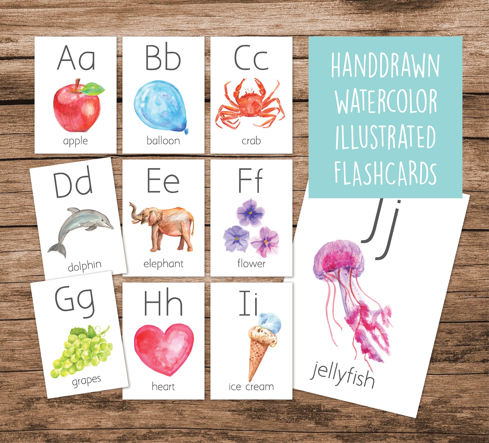 Alphabet Cards, Alphabet Flashcards, Watercolor Illustrations ...
