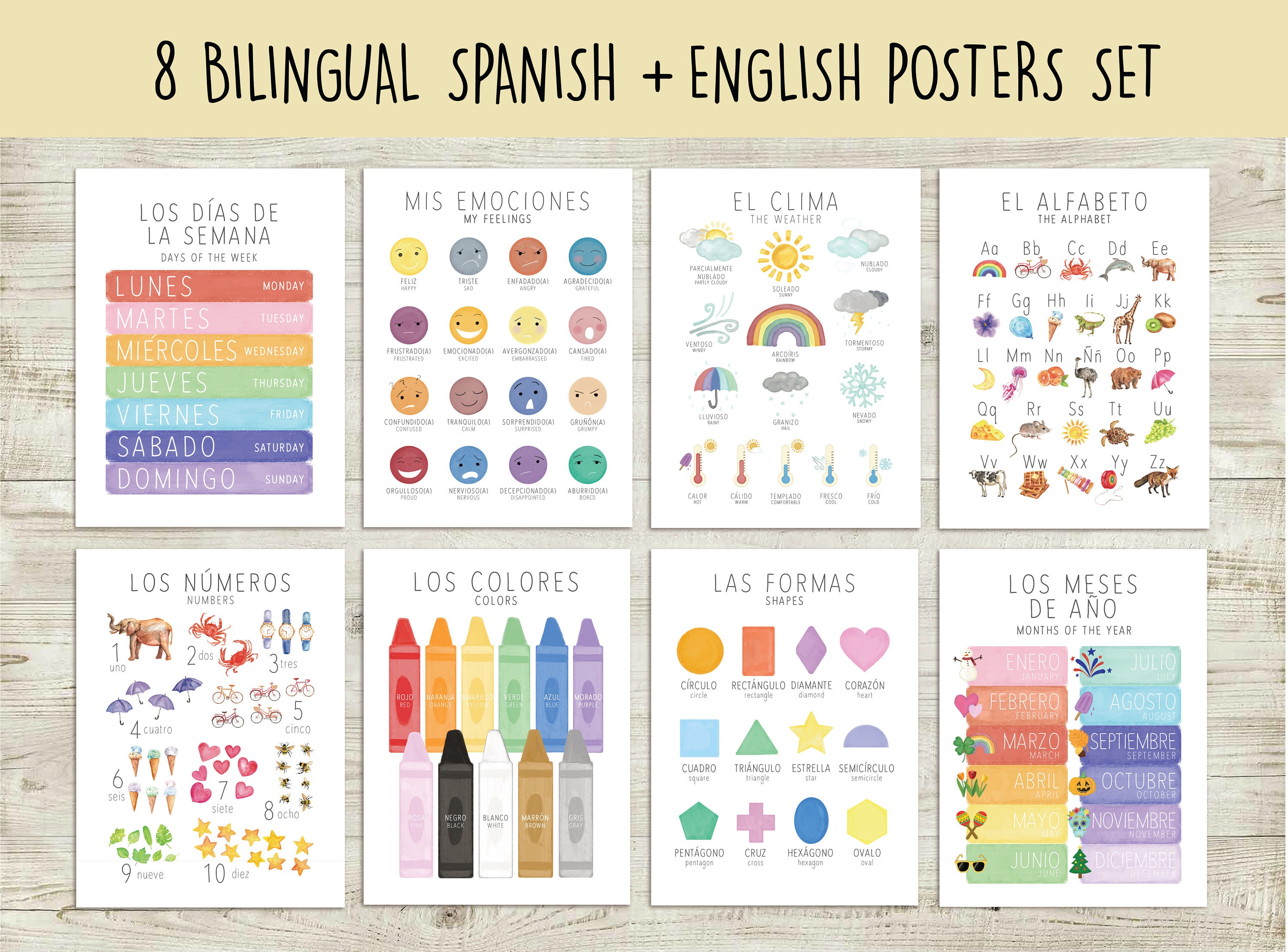8 Bilingual Spanish Educational Posters Set for Kids and - Etsy