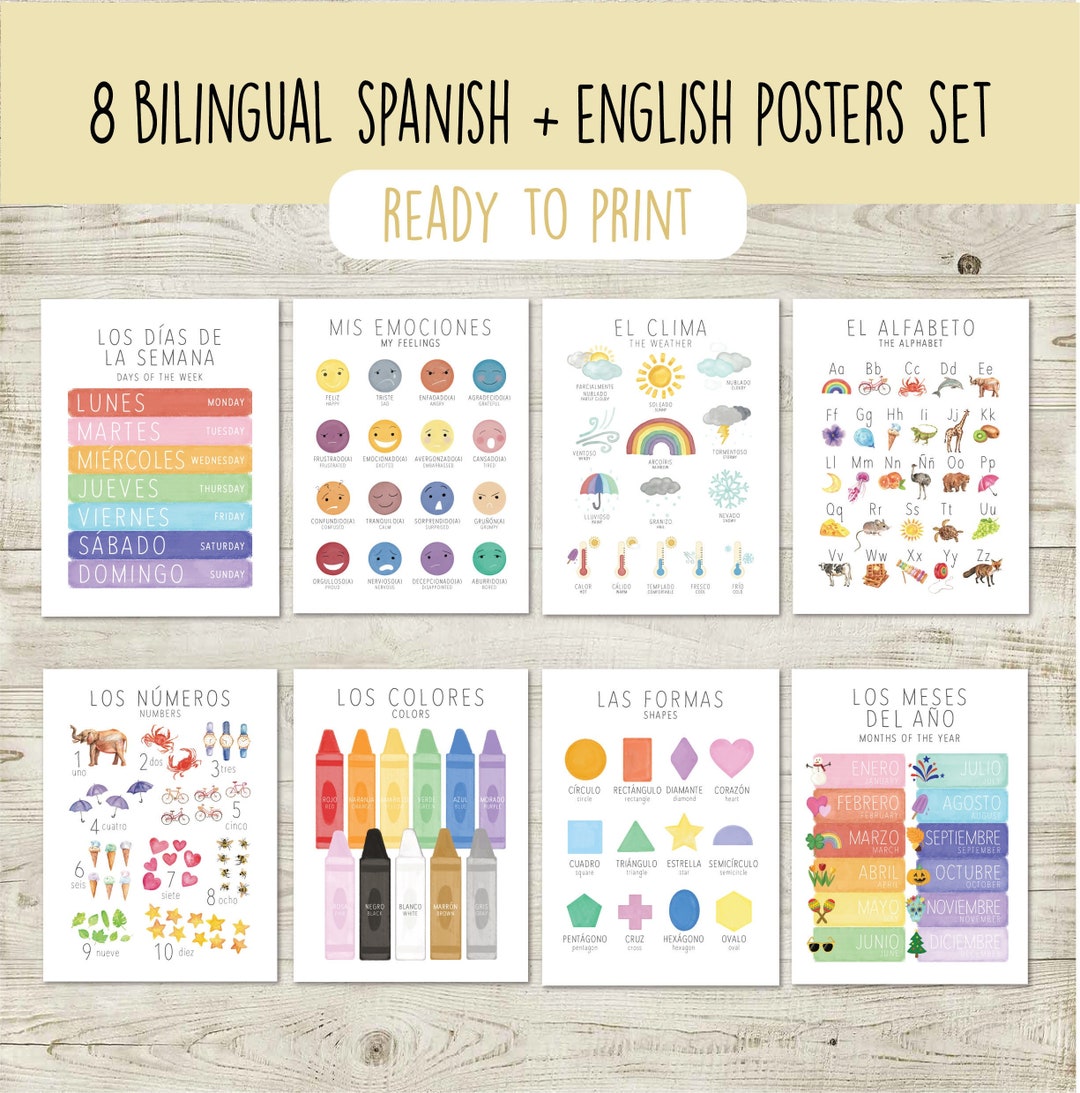 8 Bilingual Spanish Educational Posters Set for Kids and Toddlers ...