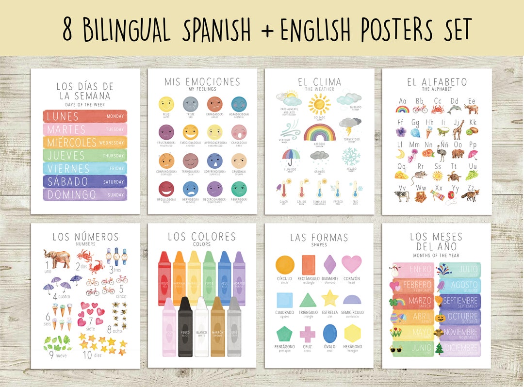 8 Bilingual Spanish Educational Posters Set for Kids and Toddlers ...