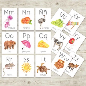 SPANISH Alphabet ABC Flash Cards, Realistic Watercolor Montessori ...
