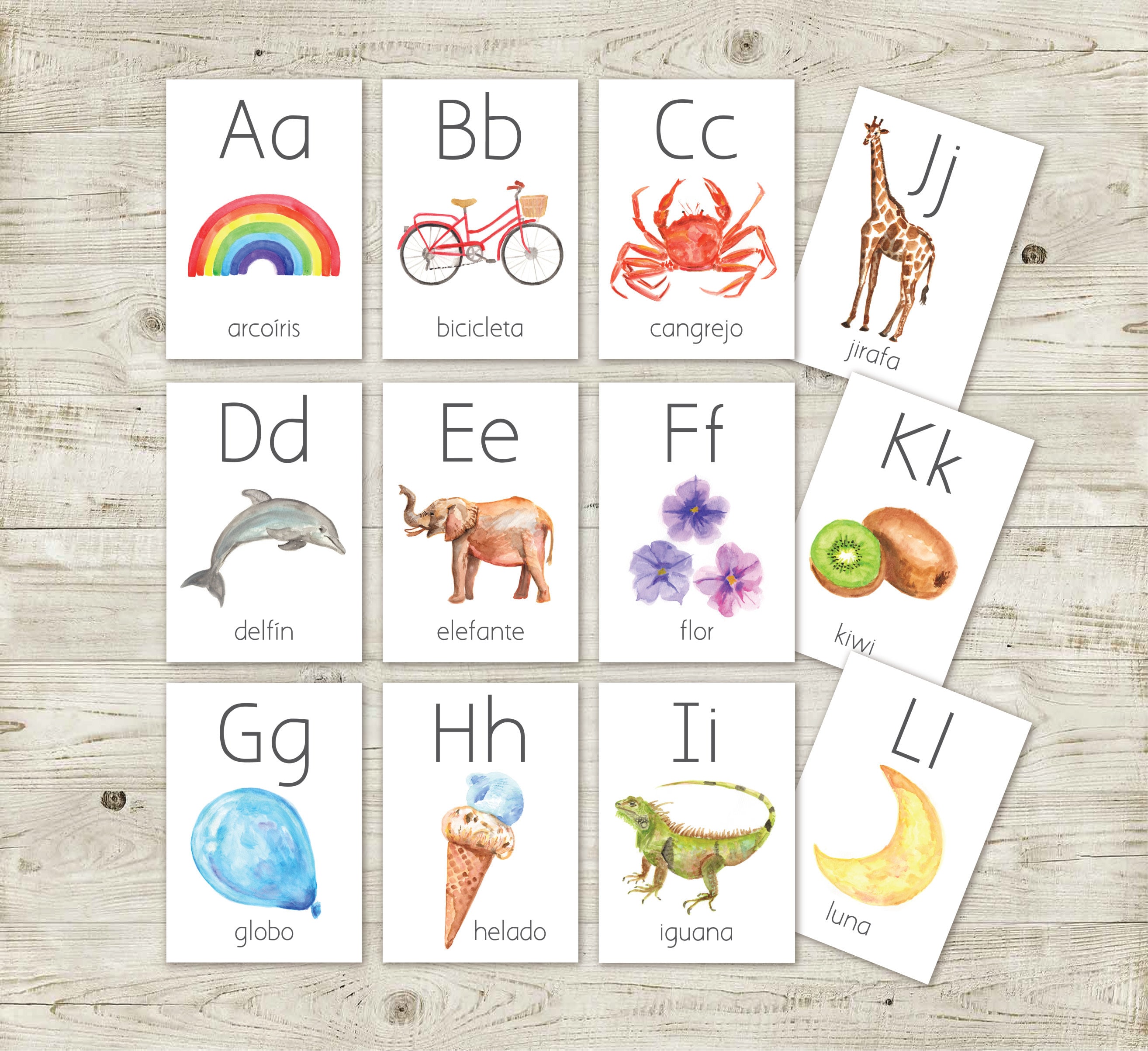 SPANISH Alphabet ABC Flash Cards, Realistic Watercolor Montessori ...