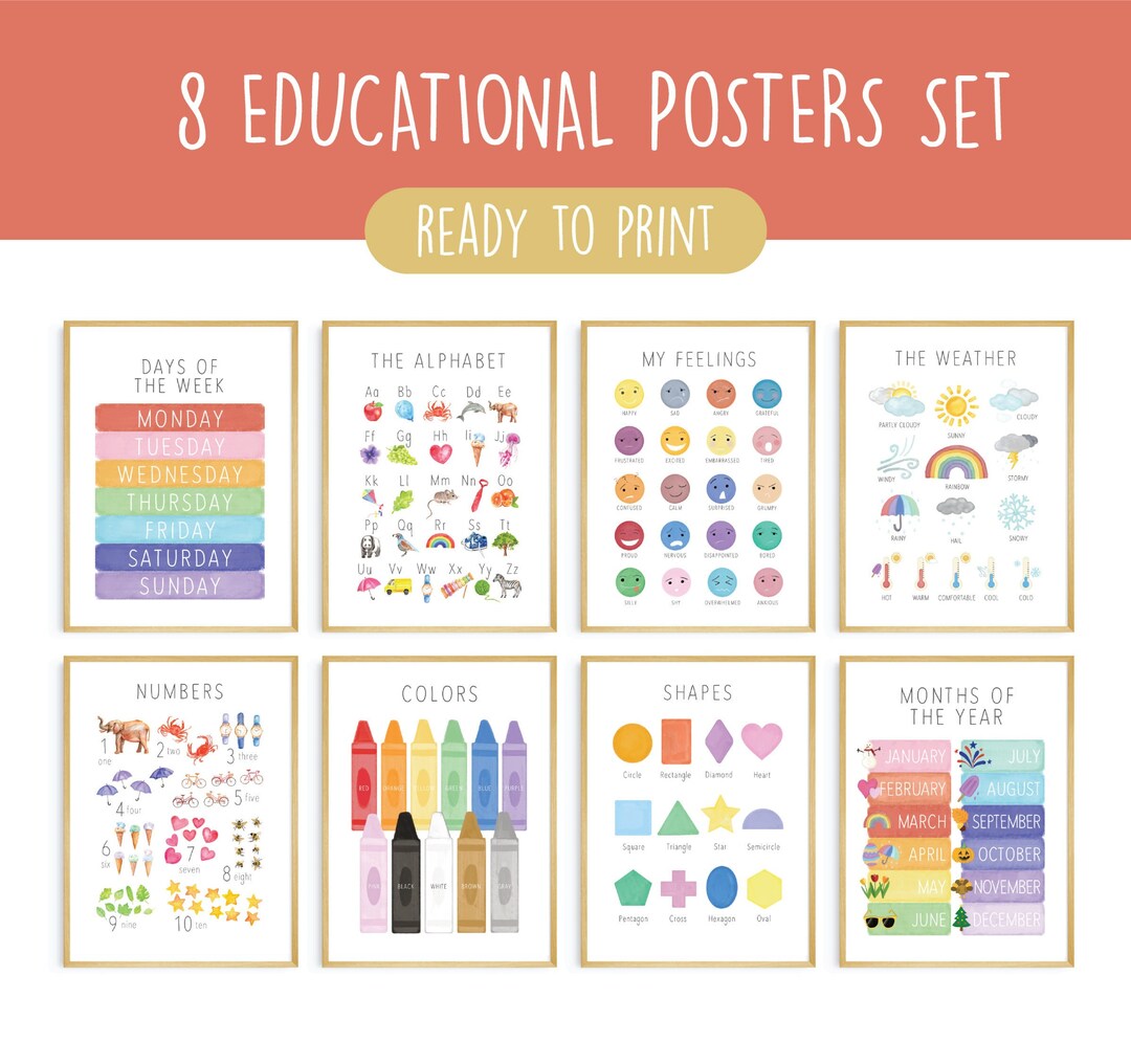 8 Educational Posters Set, Playroom Wall Art, Posters Bundle ...