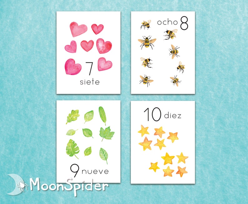 SPANISH Numbers 1-10 Individual Downloadable PDF Posters, Watercolour ...