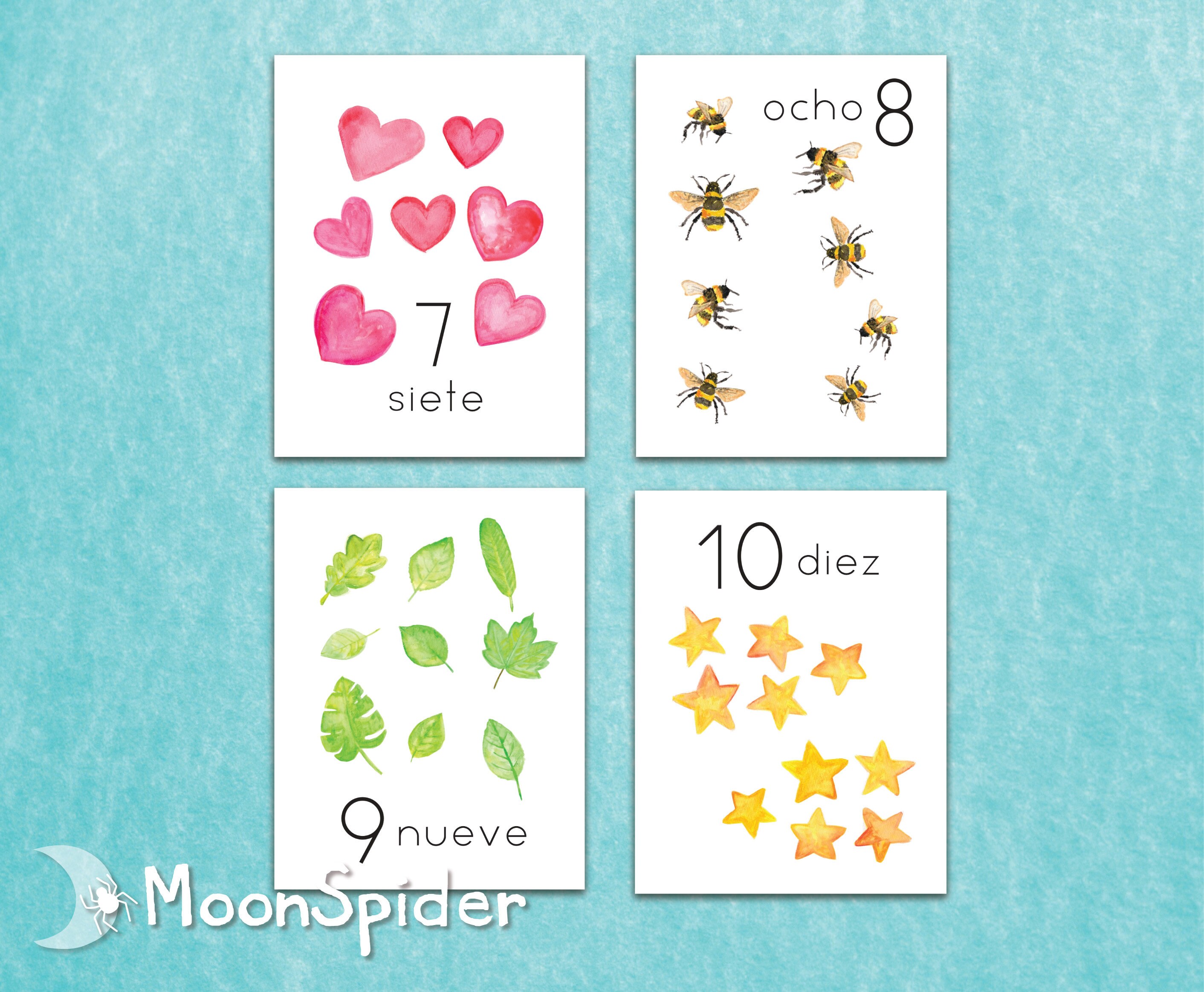 SPANISH Numbers 1-10 Individual Downloadable PDF Posters, Watercolour ...