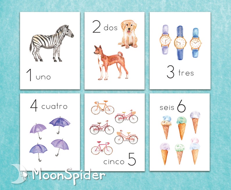 SPANISH Numbers 1-10 Individual Downloadable PDF Posters, Watercolour ...