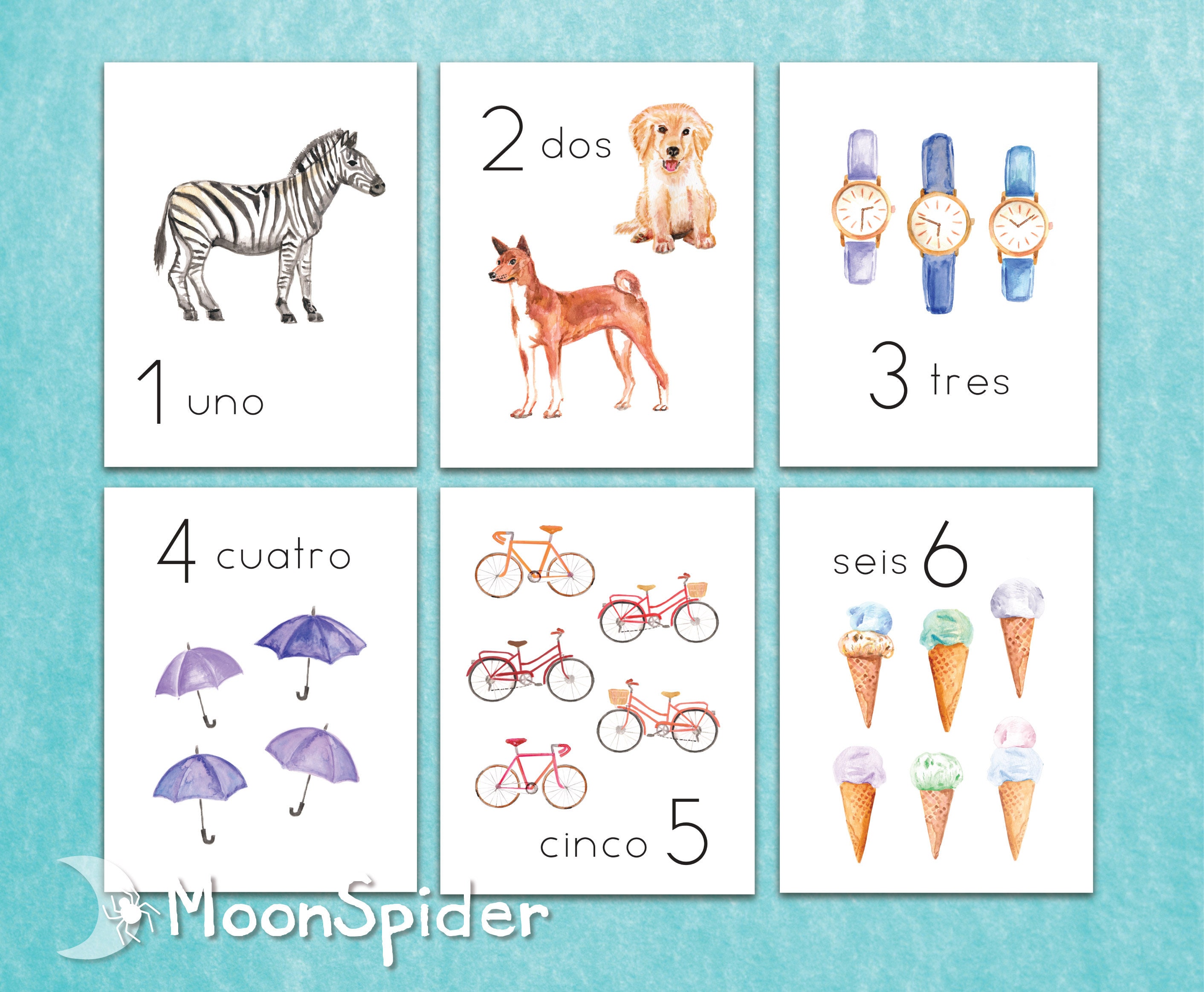 SPANISH Numbers 1-10 Individual Downloadable PDF Posters, Watercolour ...