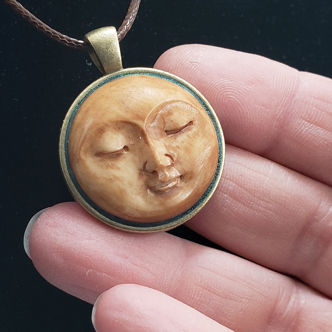 Hand Carved Sleeping Moon Face Pendant - Etsy