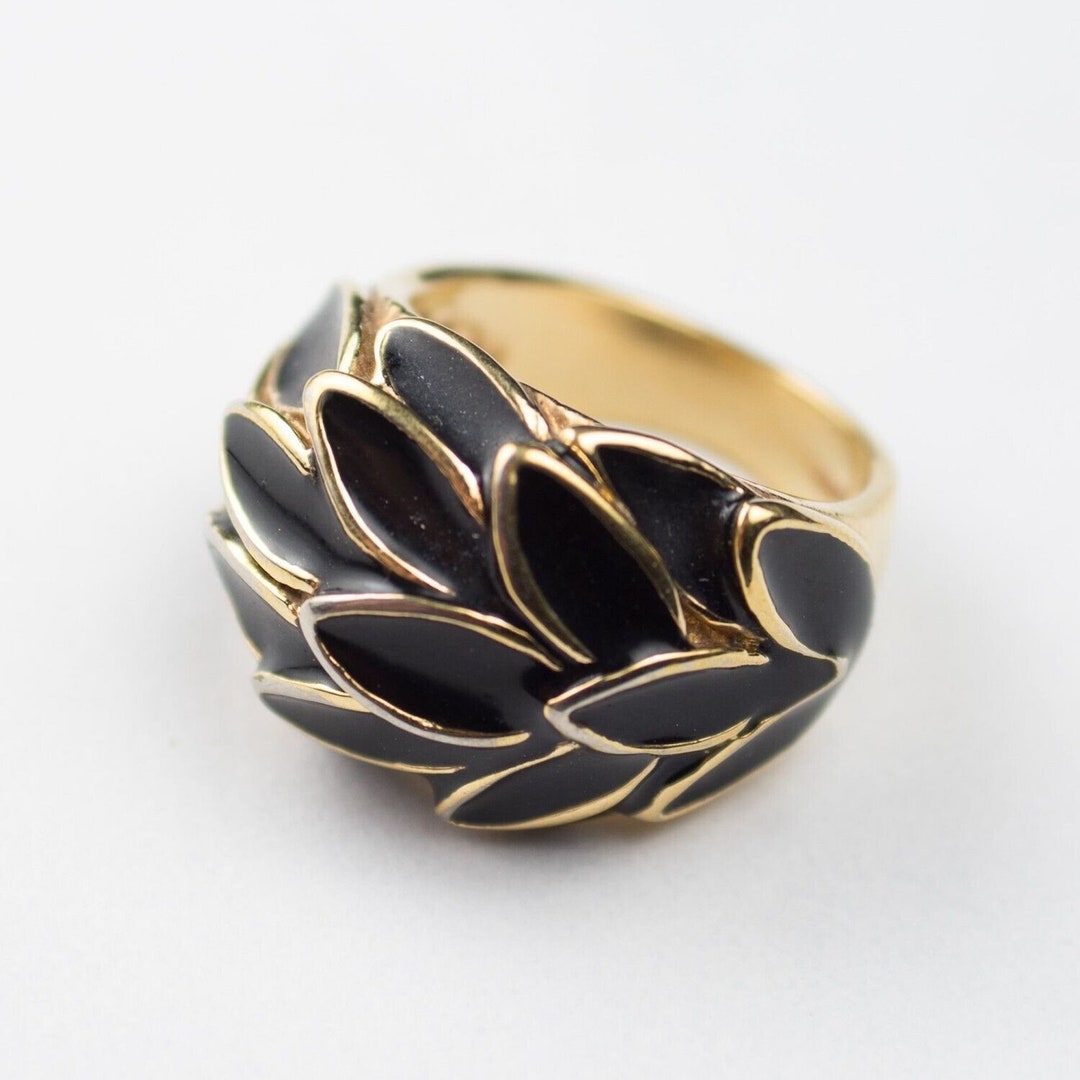 Solid Gold Enameled Leaves Ring, Overlapping Leaf Ring, Personalizable Nature Inspired Ring, 10k ...