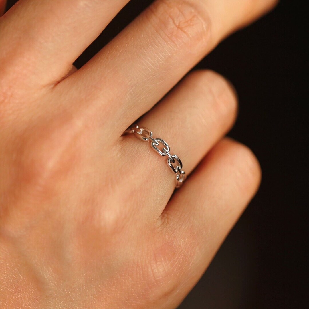 Solid Gold Chain Link Ring, Dainty Half Eternity Chain Link Ring ...